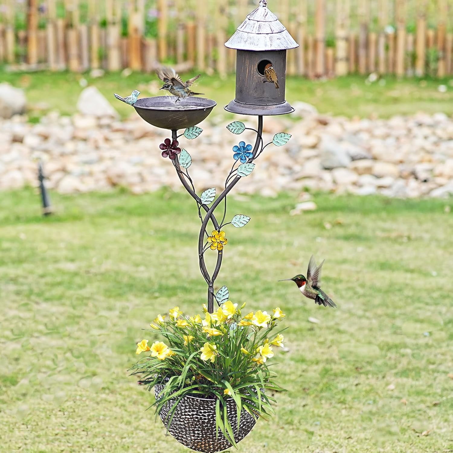 56.7” H Bird Baths for Outdoors, Metal Bird Bath Bird House and Planter ...