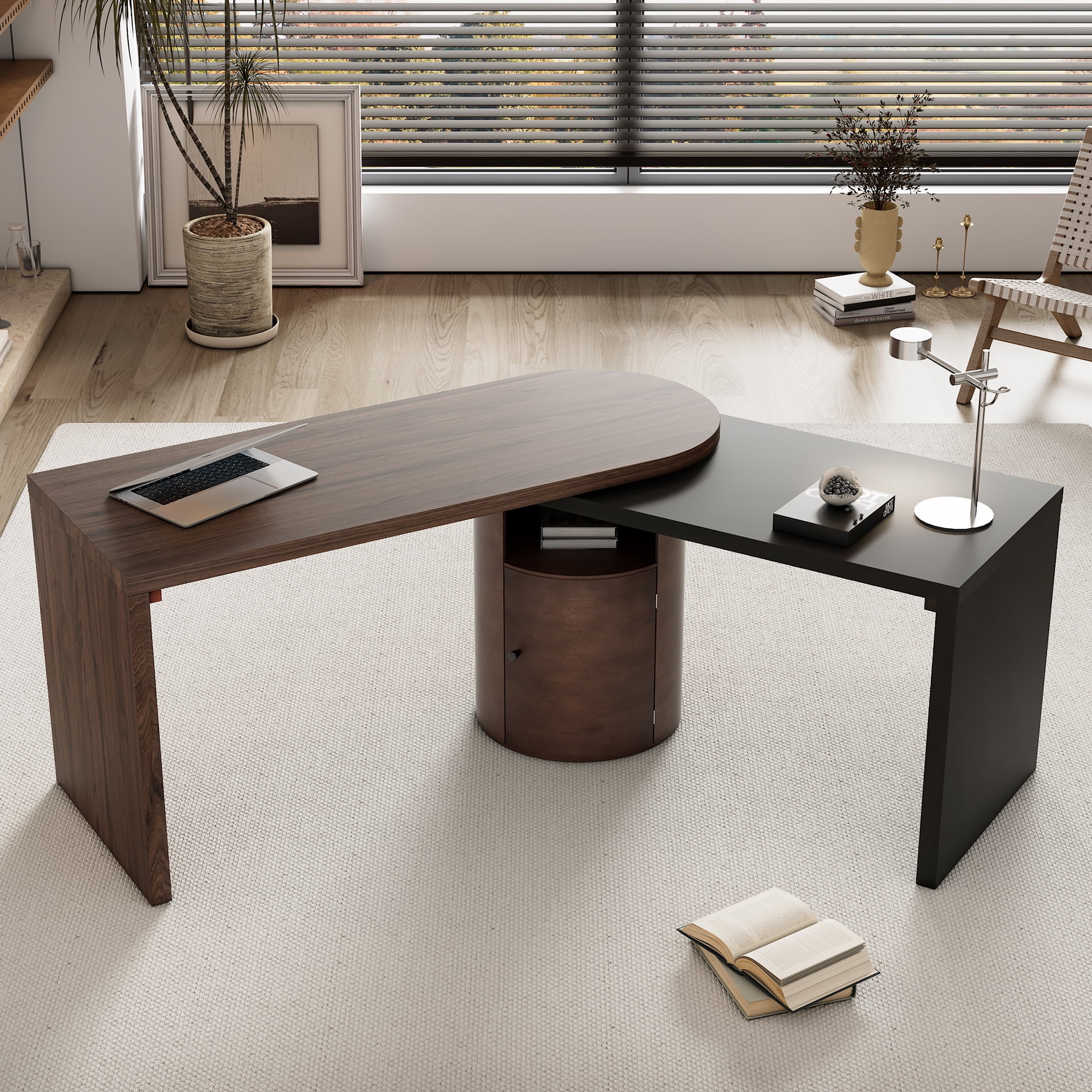 56.92" Modern L Shaped Desk in Walnut with 1 Cabinet and Open storage ...