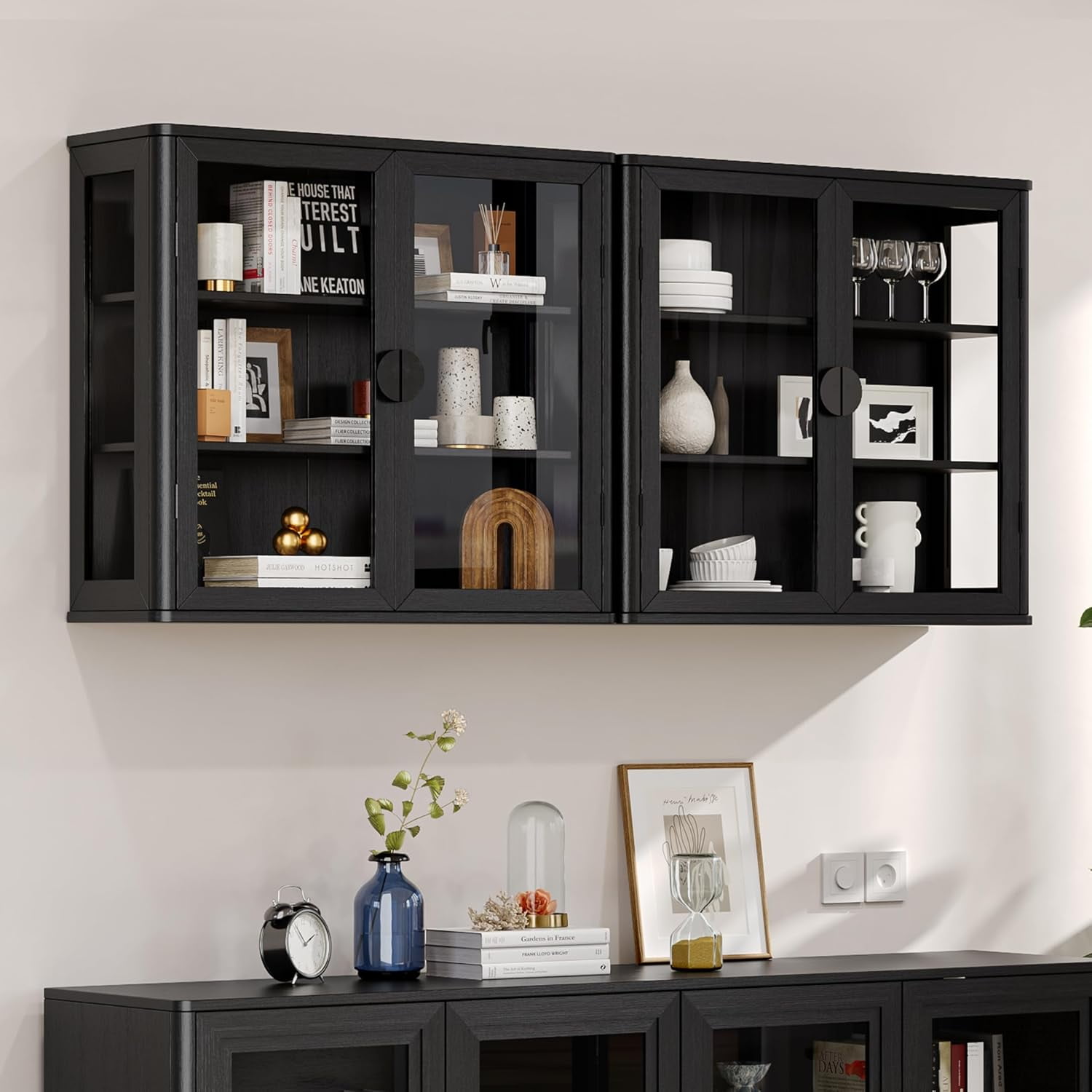 56" Black Wall Storage Cabinets,Kitchen Wall Cabinets with Glass Doors ...