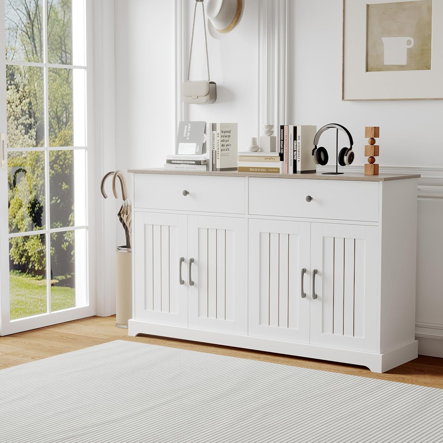 56" Farmhouse Style Buffet Cabinet with Adjustable Shelves, 4 Barn ...