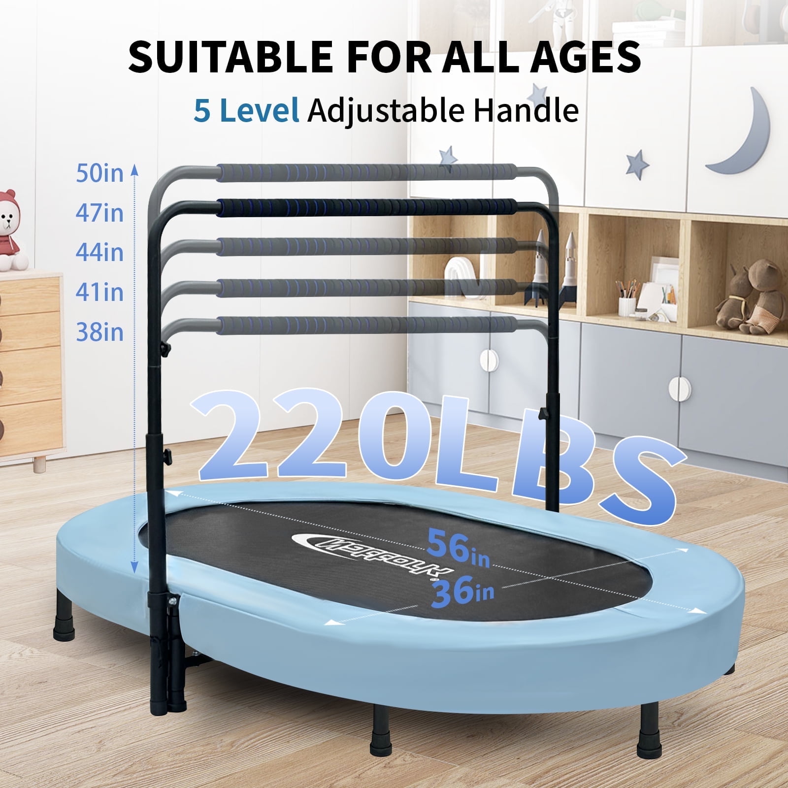 56" Foldable Kids Trampoline with Adjustable Handle, Double Toddler ...