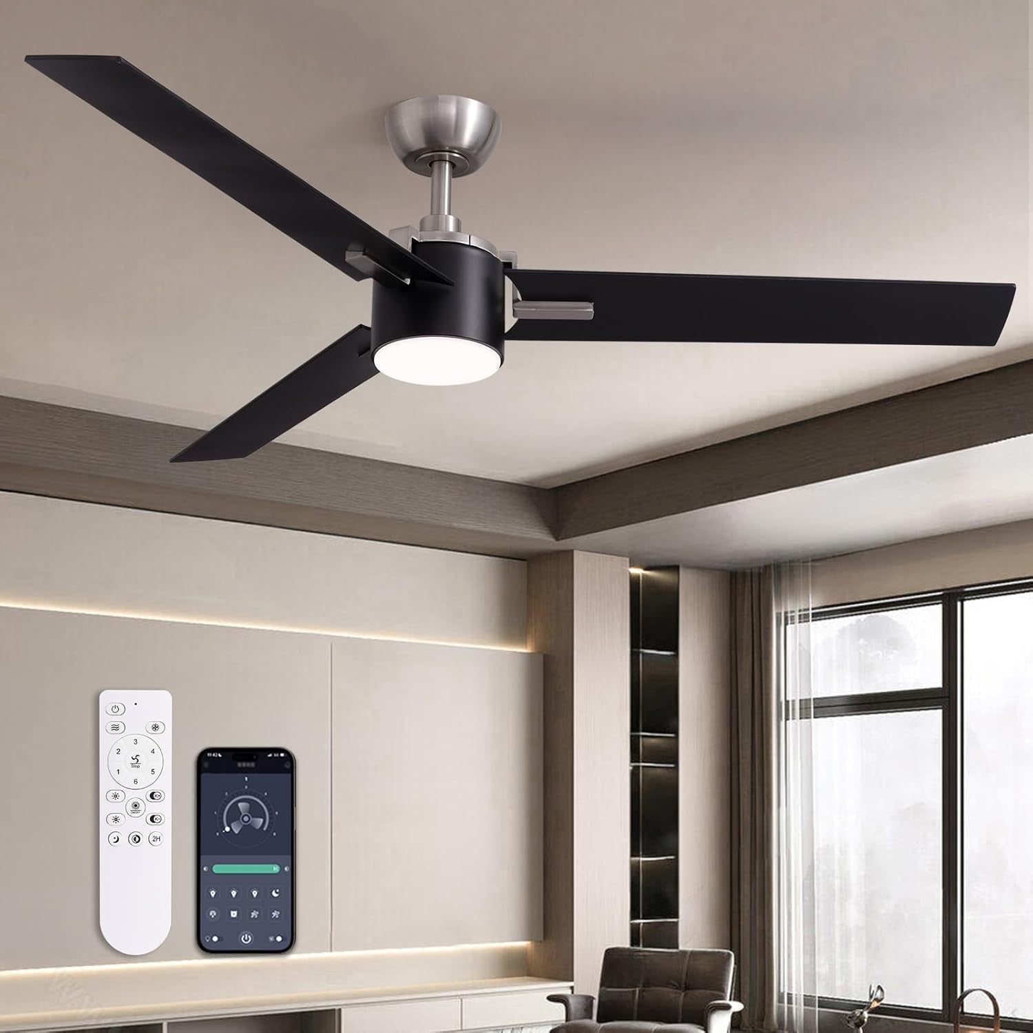 56 Inch Black Ceiling Fans with Lights, Reversible Quiet DC Motor ...