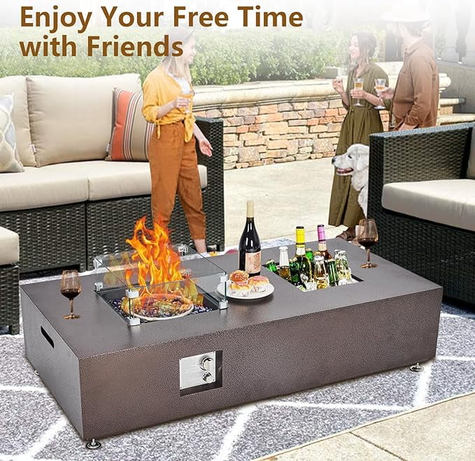56 Inch Rectangular Propane Fire Pit Table with Fire & Ice Design ...