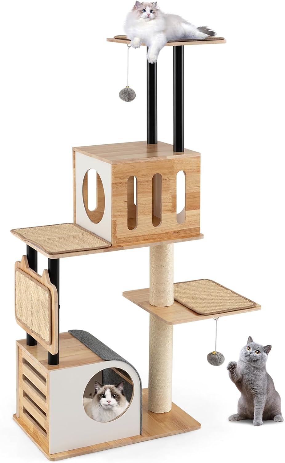 56 Inch Wood Cat Tree, Multi-Level Cat Tower with Sisal Scratching ...