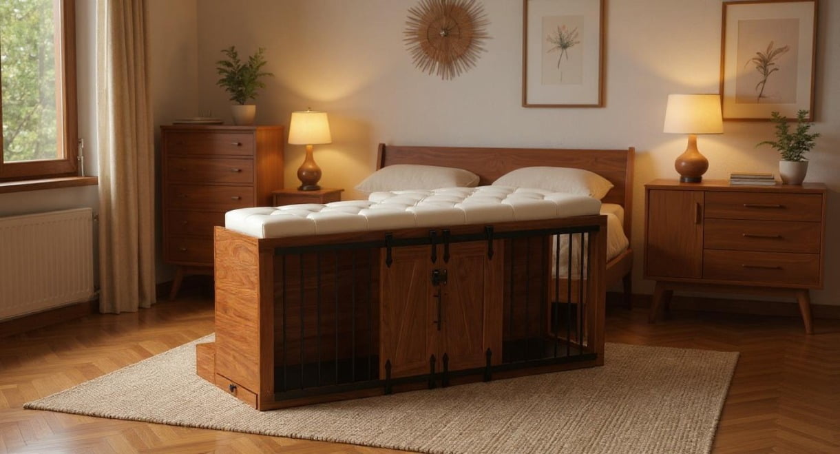 56"L 2-in-1 Dog Crate & Bench Ottoman with Sliding Barn Door, Luxury ...