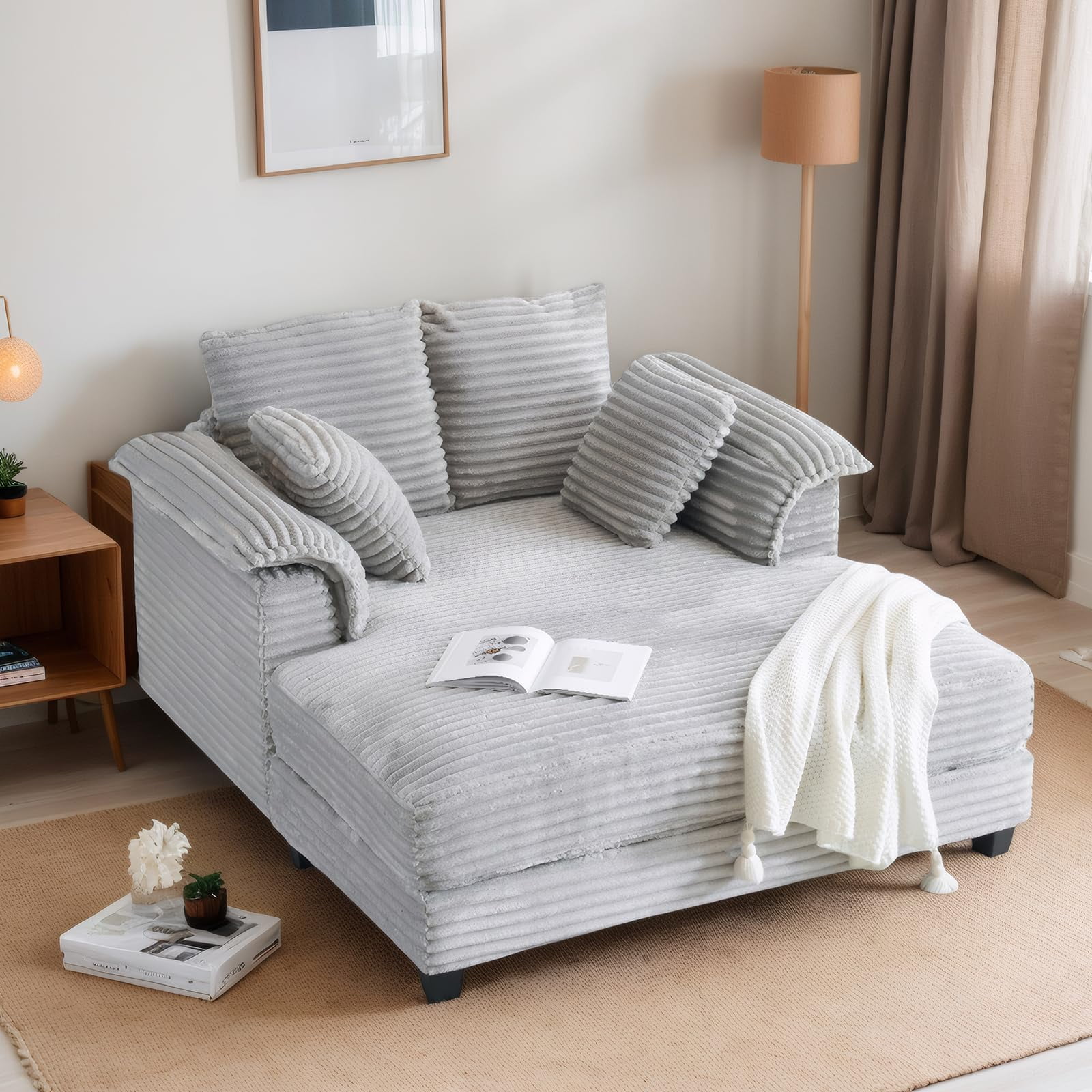 56" Oversized Chaise Lounge Chair, Light Grey Comfy Corduroy Chaise ...