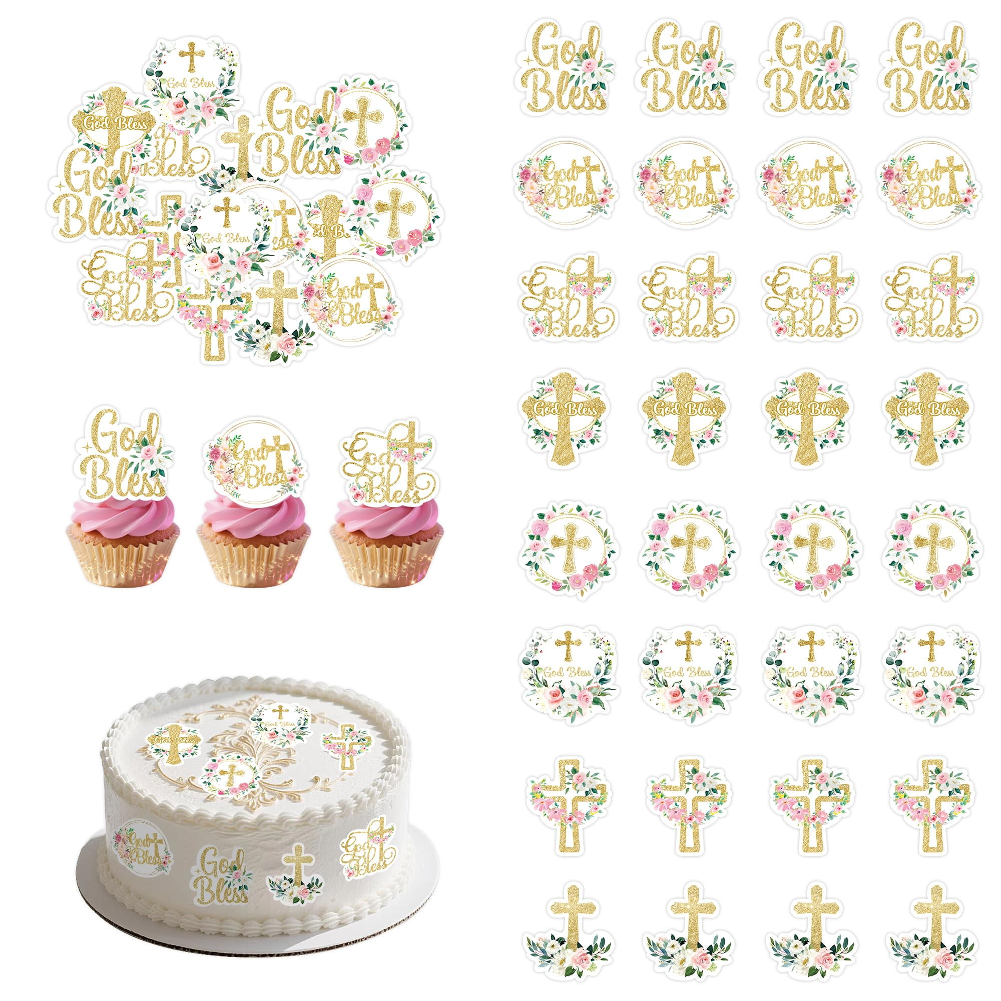 56 PCS Edible Pink God Bless Cupcake KMC2Toppers Cross Cupcake Toppers ...