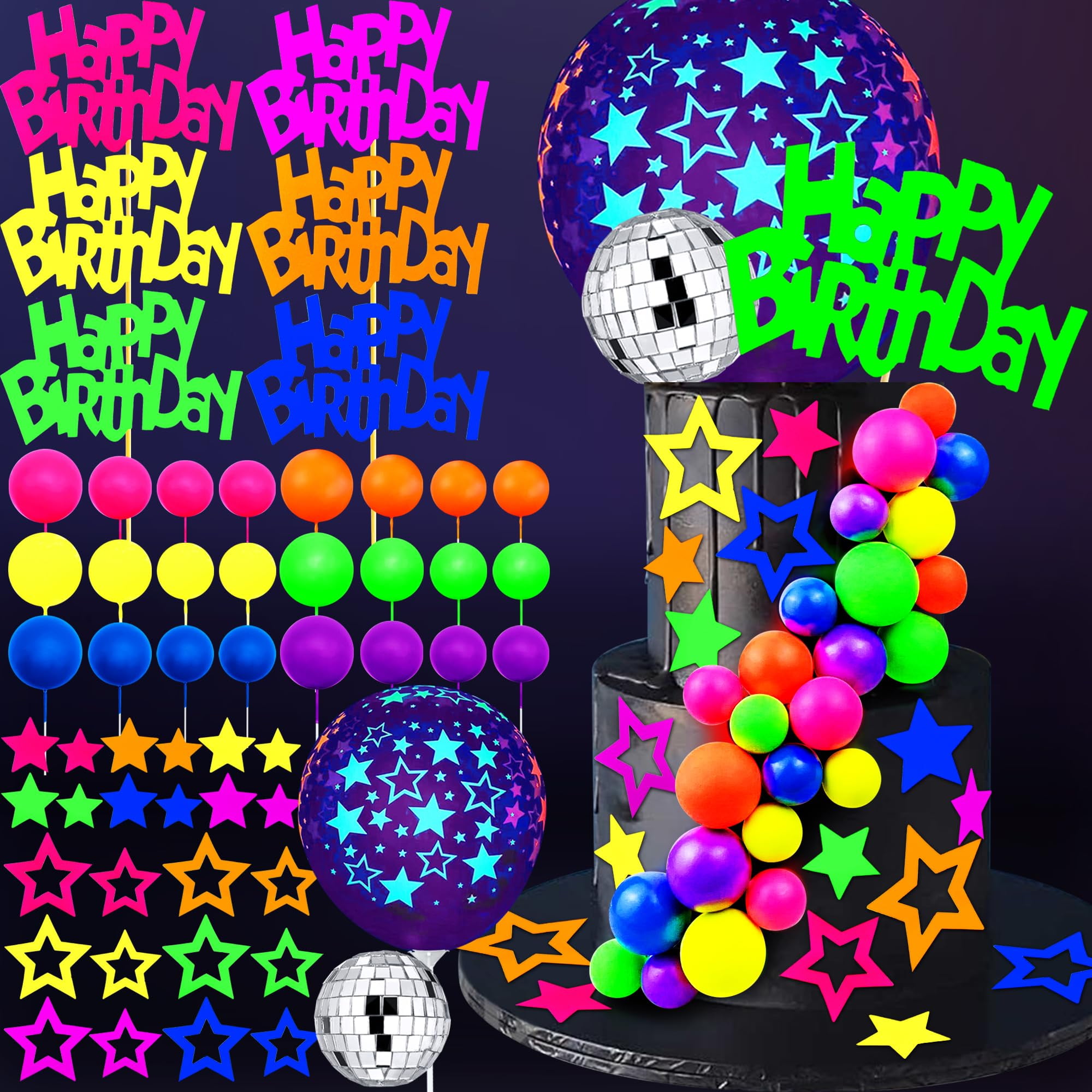 56 PCS Glow Cake Topper Set AIS1 with Ball Star and Happy Birthday ...
