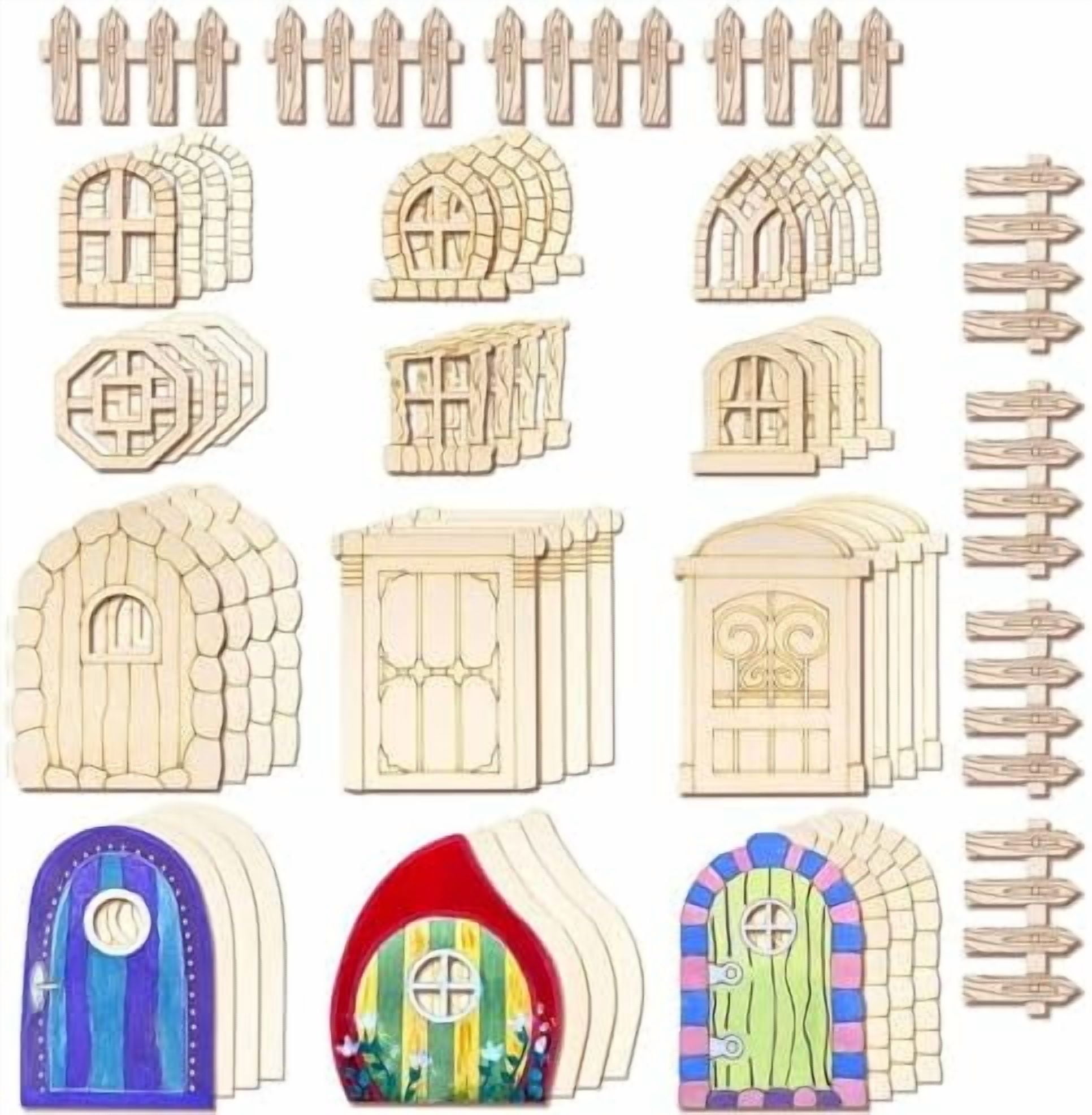 56 Pcs Fairy Door & Window Craft Kit - Wooden Garden Doors, Mini Fences ...