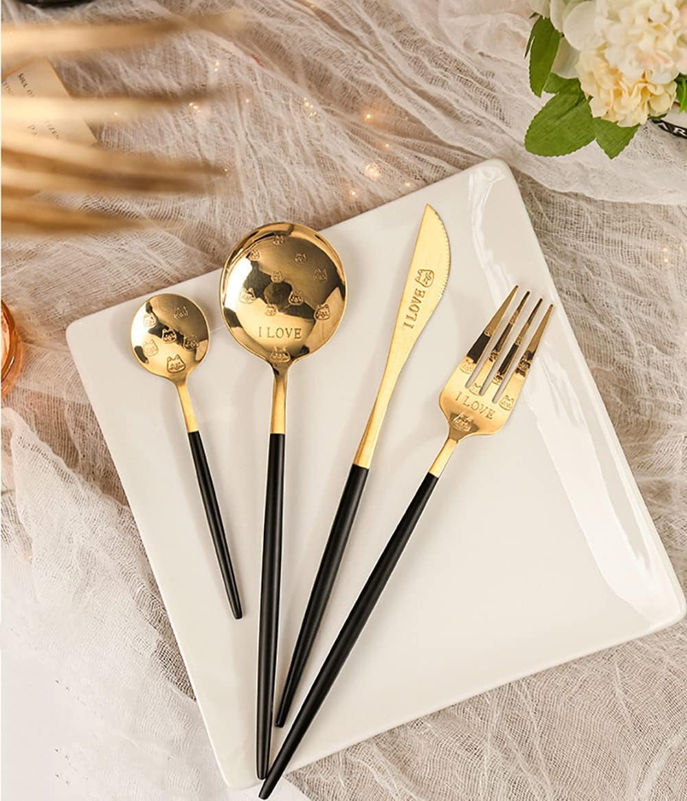 56 Piece GoldSilverware Set for 14 With Cute Pattern Stainless Steel ...