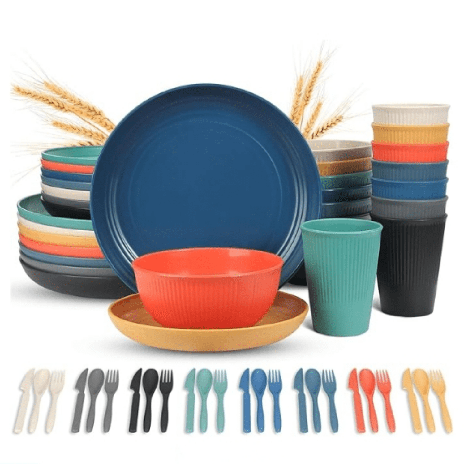 56 Piece Wheat Straw Dinnerware Sets,Unbreakable Reusable Dinnerware ...