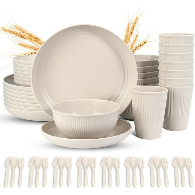 56 Piece Wheat Straw Dinnerware Sets,Unbreakable Reusable Dinnerware ...