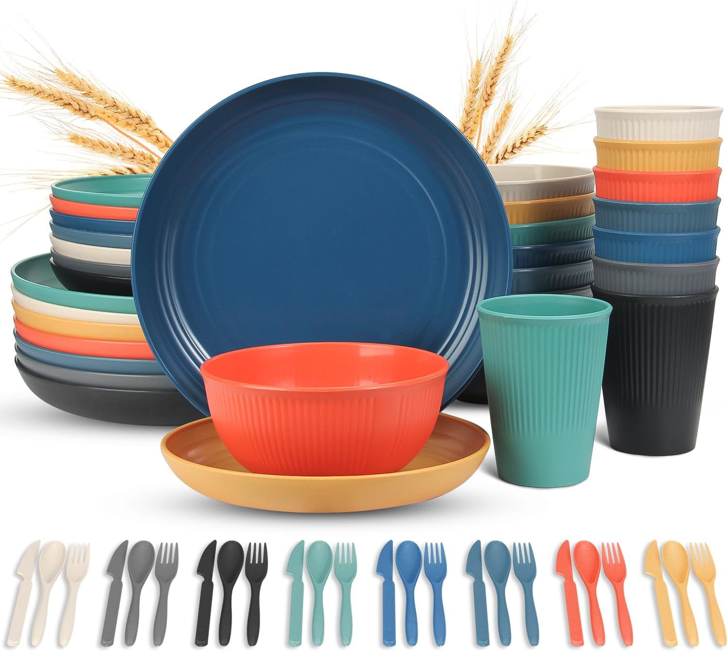 56 Piece Wheat Straw Dinnerware Sets,Unbreakable Reusable Dinnerware ...