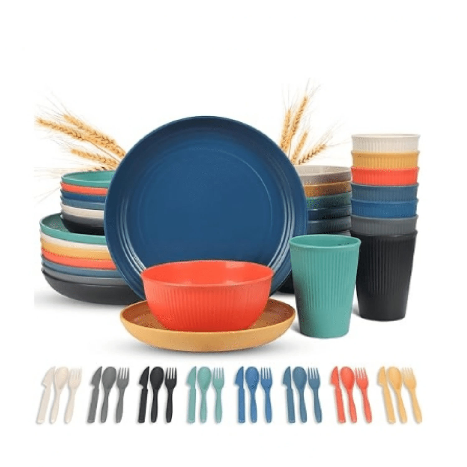 56 Piece Wheat Straw Dinnerware Sets,Unbreakable Reusable Dinnerware ...