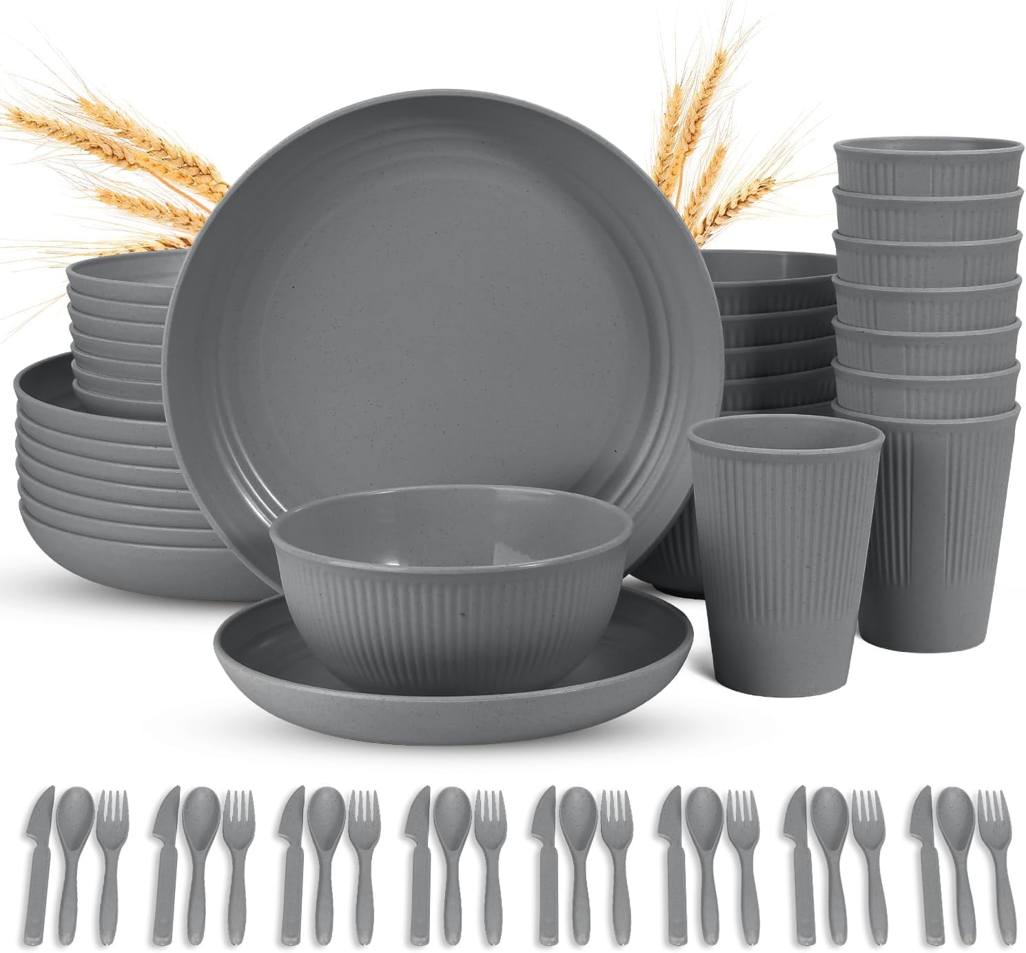 56 Piece Wheat Straw Dinnerware Sets, Unbreakable Reusable Dinnerware ...