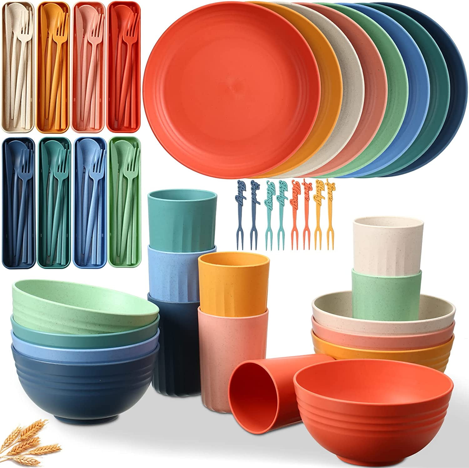 56 Pieces Wheat Straw Dinnerware Set Unbreakable Plastic Plate and Bowl Dishes for Kids Travel ...
