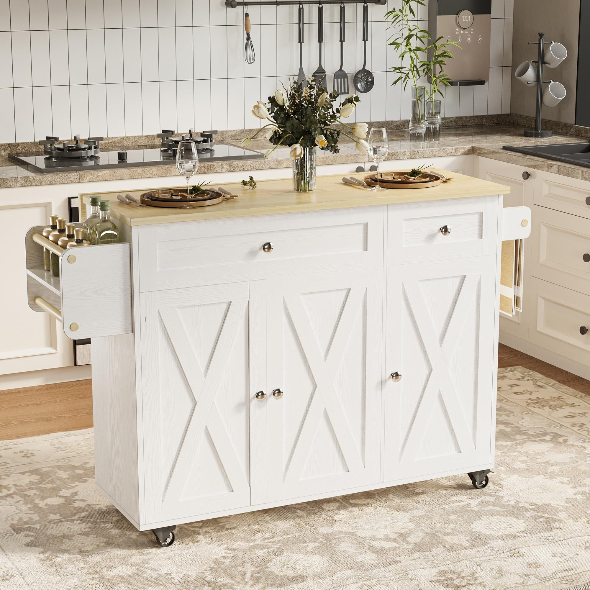 56" Rolling Kitchen Island Table on Wheels with Drop Leaf, Kitchen ...