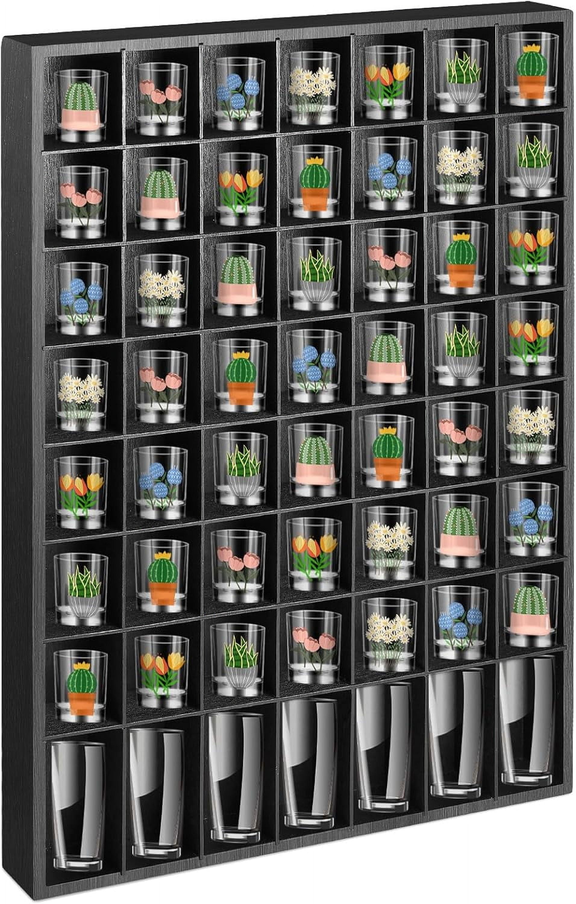 56-Slot Wall Mounted Shot Glass Display Case - Wooden Shadow Box with ...