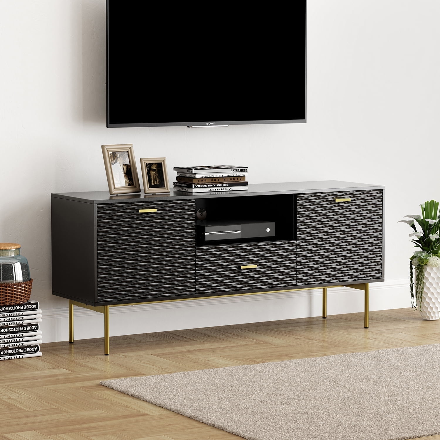 56" TV Stand for TVs up to 65" with Metal Legs for Home Living Room ...