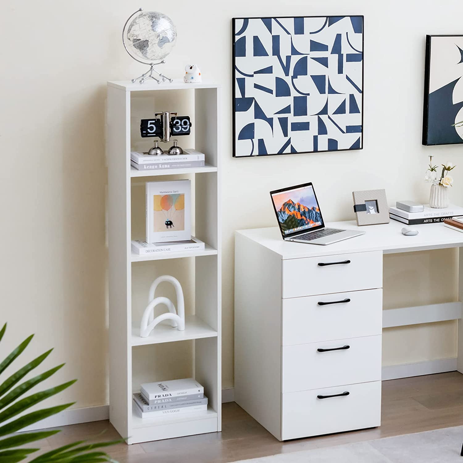 56" Tall 4 Cube Bookcase White - Freestanding 15" Wide 5-Tier Narrow ...