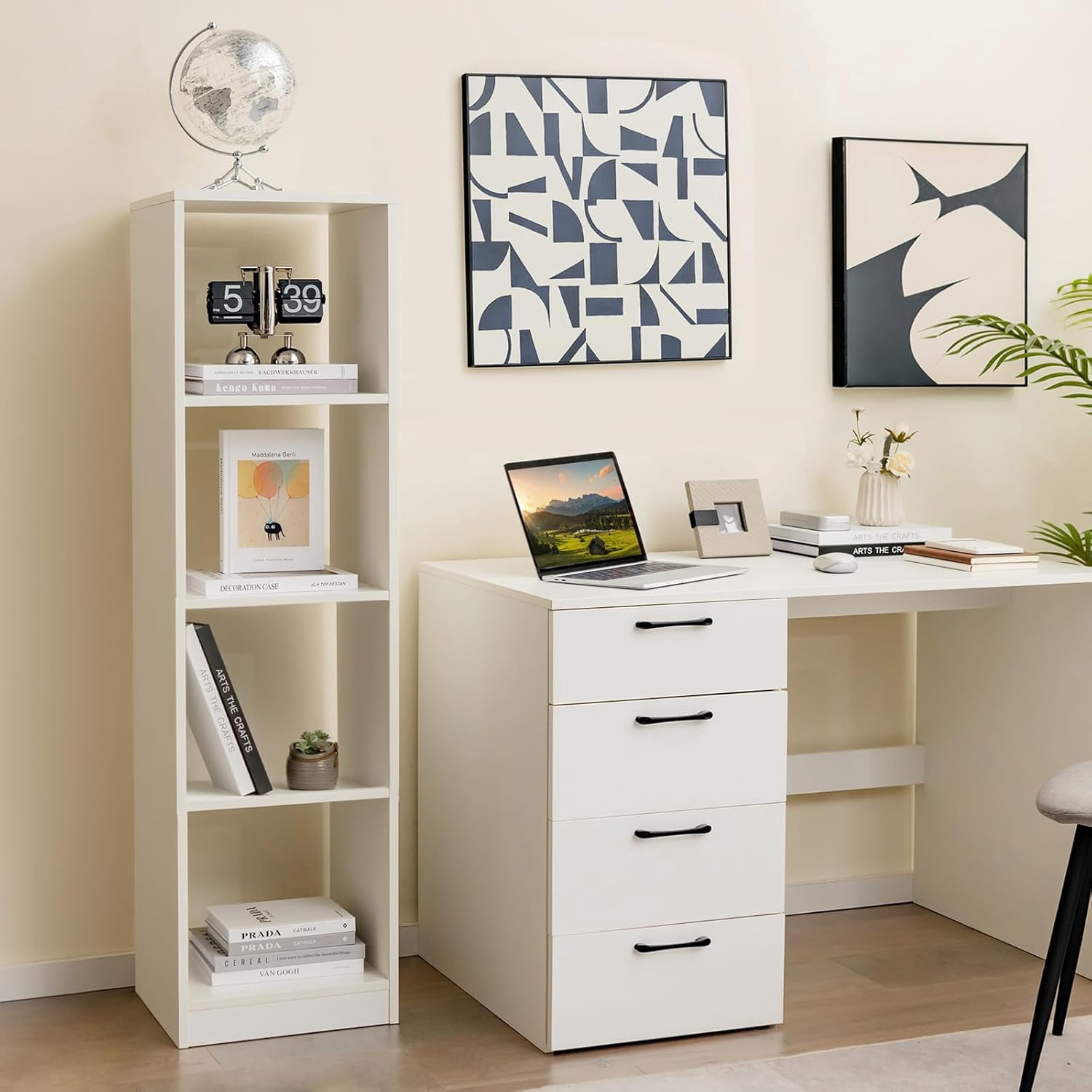 56” Tall White Bookshelf, 4 Cube Vertical Storage Organizer with Anti ...