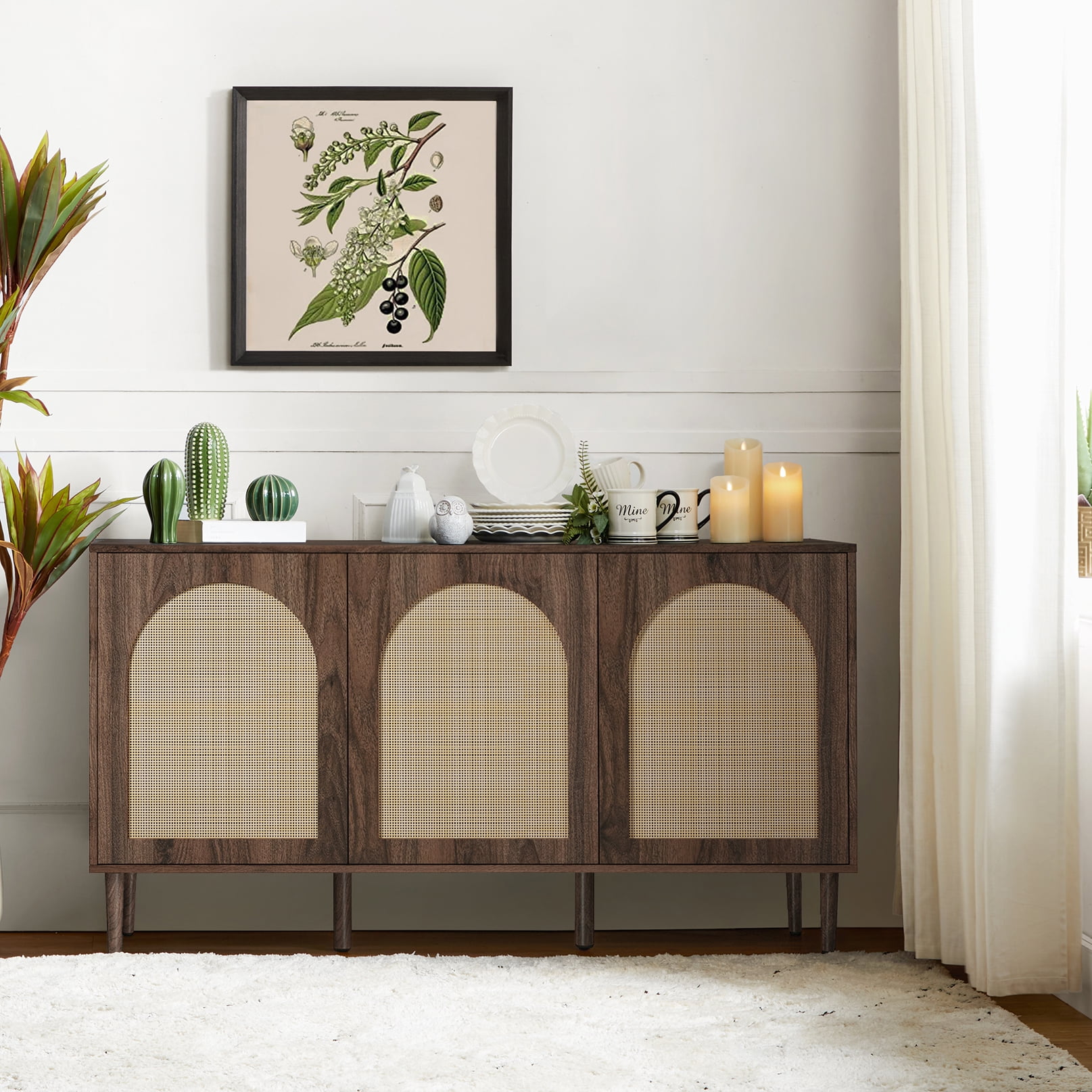 56'' Walnut Wood & Rattan Arched Sideboard Buffet with 3 Doors & Metal ...
