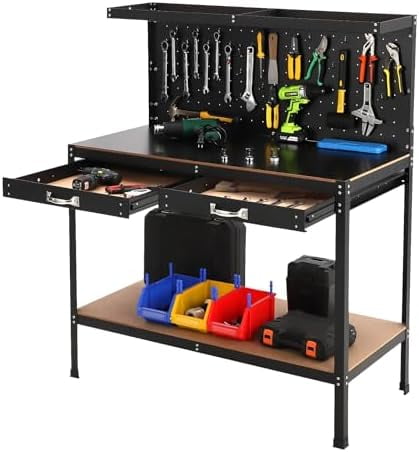 56" Workbench, Garage Workbench with Storage Drawer, Pegboard, 3-Tier ...