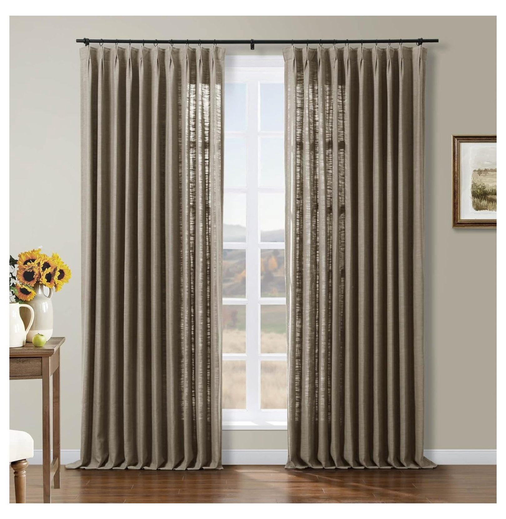 56”Wx96”L Oak Dim Gray Unlined Faux Linen Curtain, Pinch Pleat Light ...