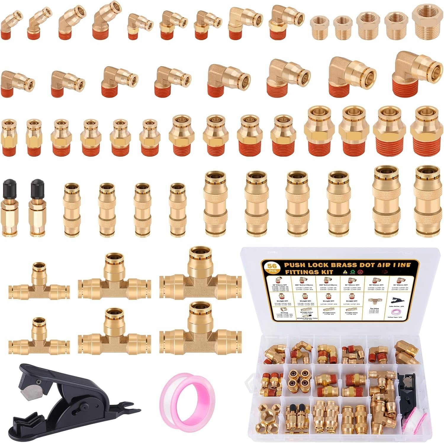 56 count Brass DOT Air Line Fittings kit with Brass Bushings Push to ...