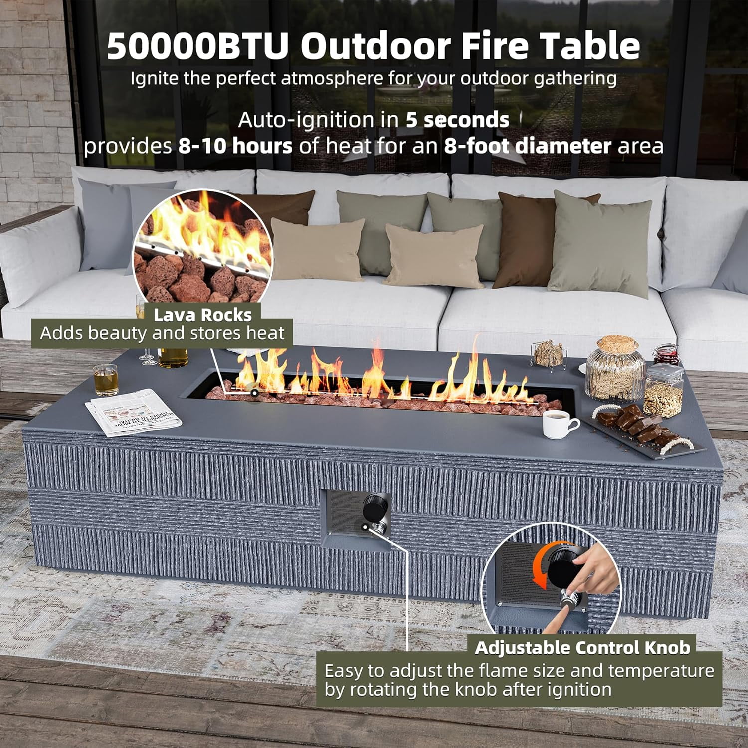 56-inch Outdoor Propane Gas Fire Pit Table with 50000 BTU Heat Output ...