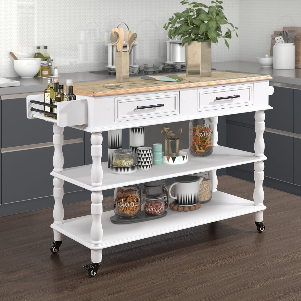 56 inch Rolling Kitchen Island with Storage,Kitchen Cart with Solid OAK ...