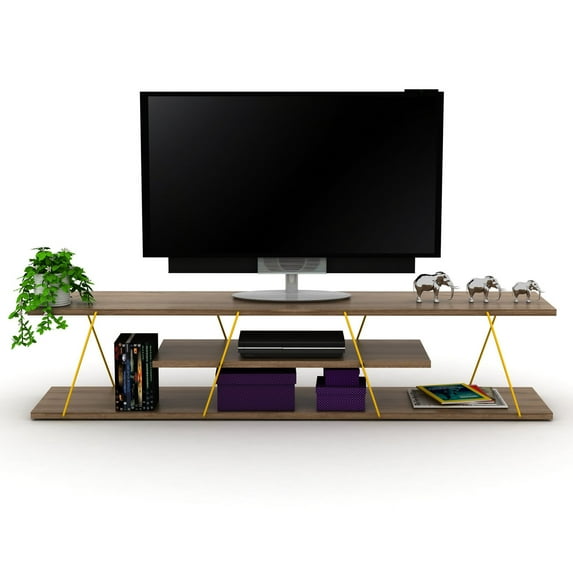 56-inch Walnut TV Stand, 4 Shelves Open Storage, 12-inch Depth | Ideal ...