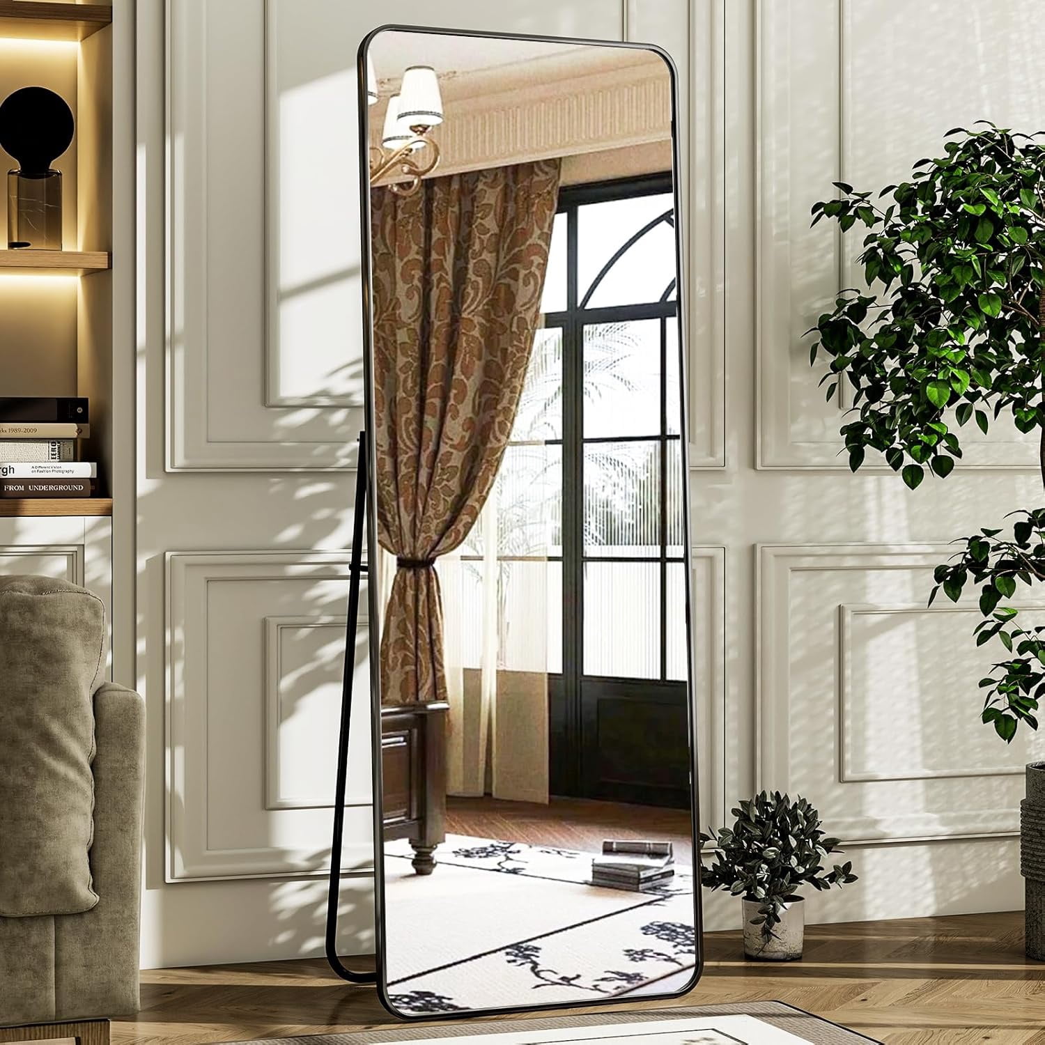 56" x 21" Rounded Full Length Mirror Aluminum Frame Black Mirror Full ...