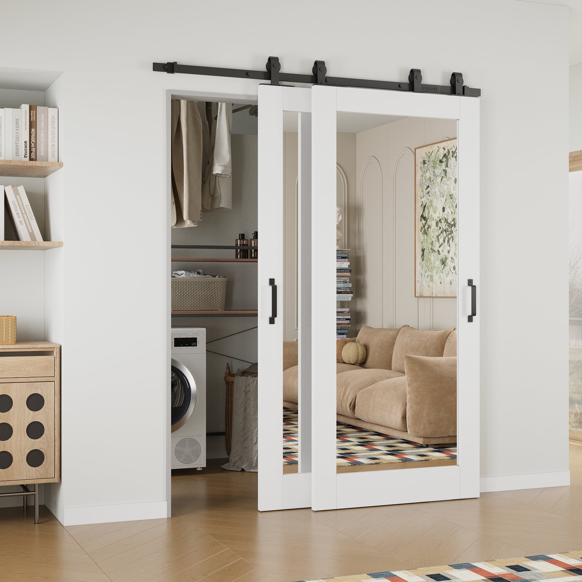 56" x 80" 1-Lite Mirror White Primed Solid Core Sliding Bypass Barn ...