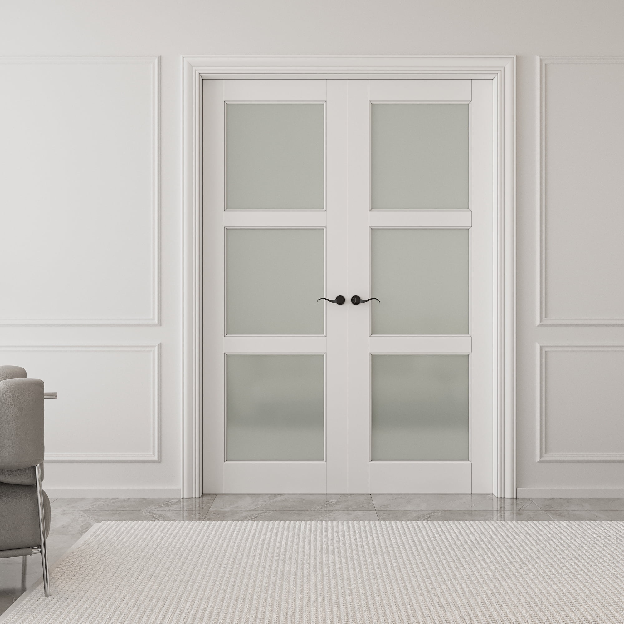 56" x 80" 3-Lite Frosted Glass French Door Solid Wood Manufacture ...