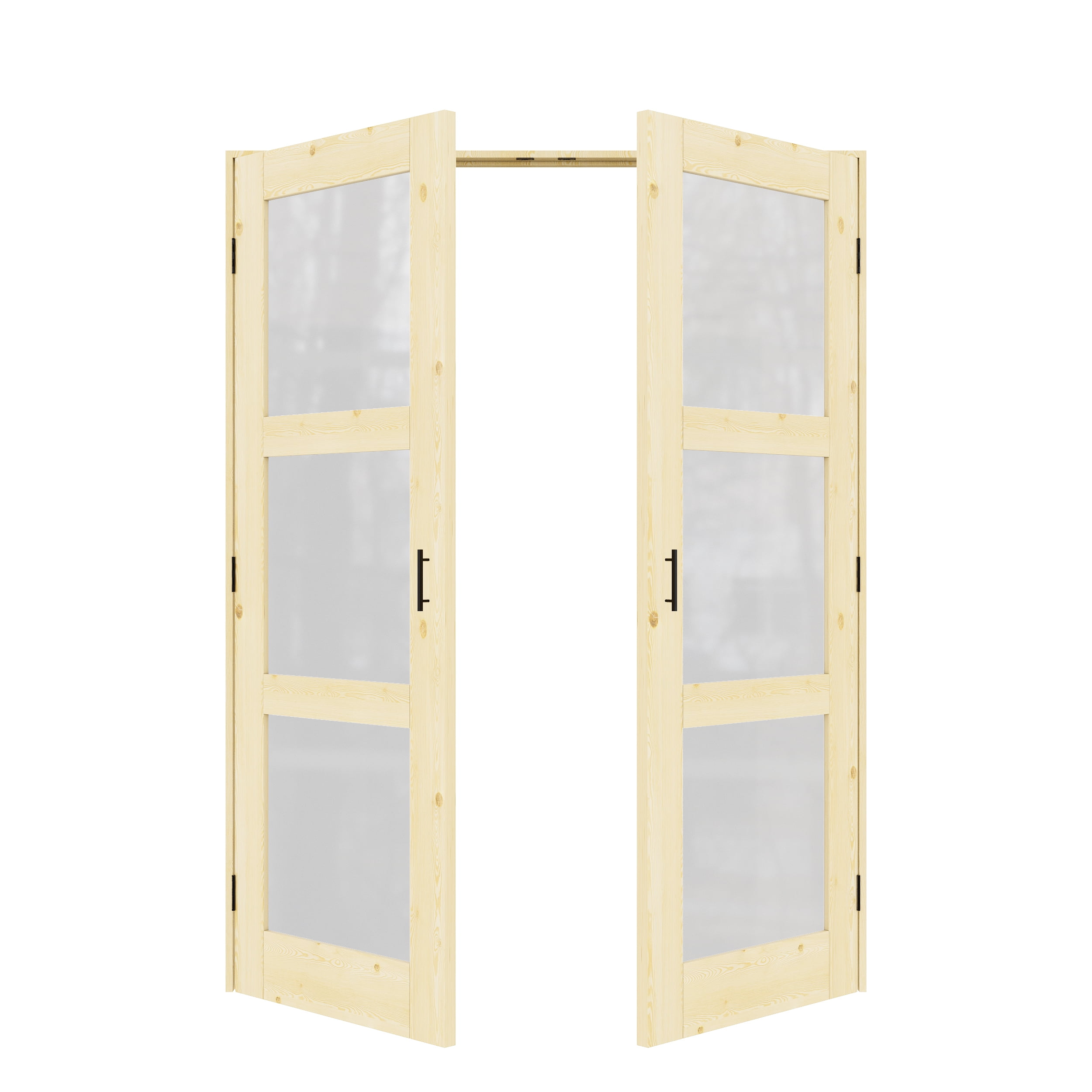 56" x 80" 3 Panel Frosted Glass Pine Wood Double Doors with French Door ...