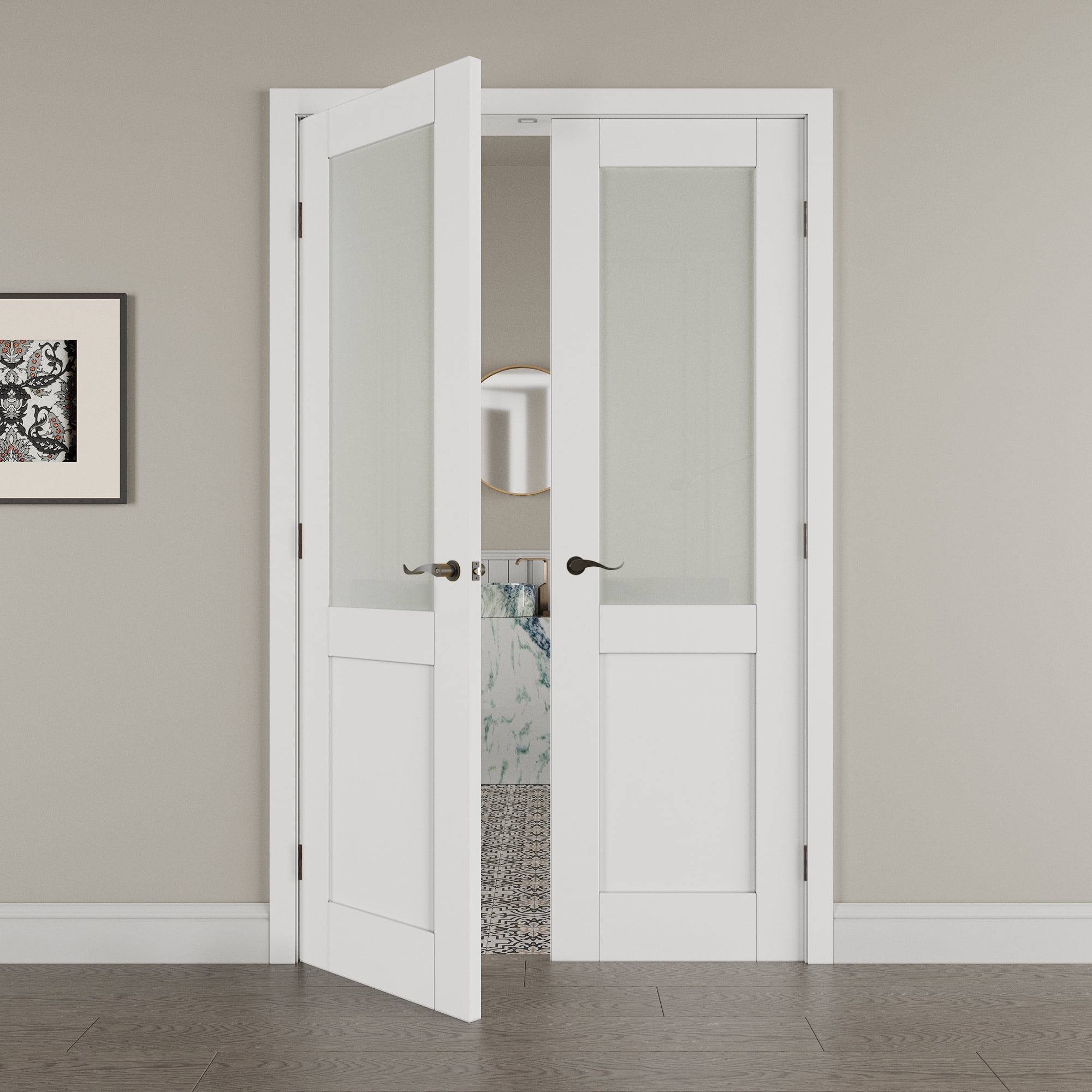 56" x 96" Half Panel Frosted Glass Double Doors with French Door Ready ...