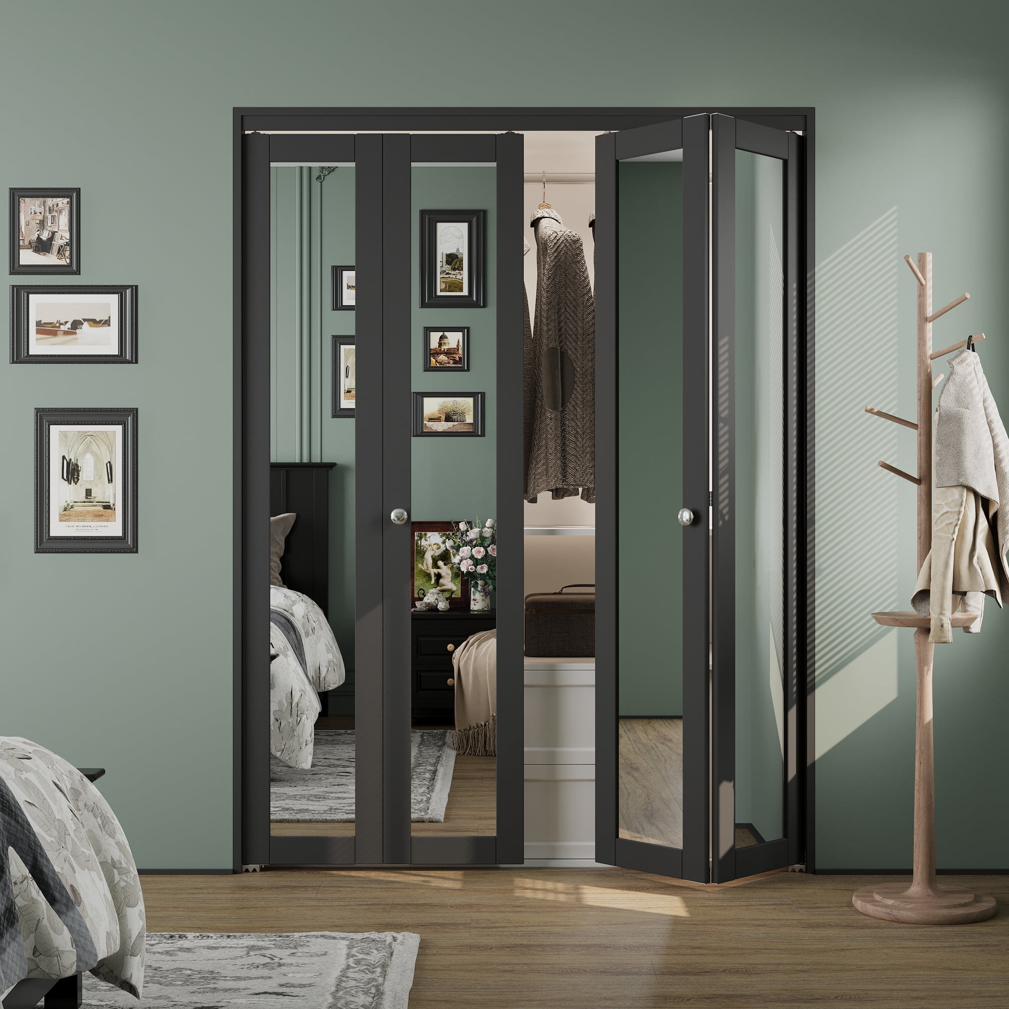 56"x80"(2 Sets of 28") Mirrored Door Solid Manufactured Wood Bi-Fold ...