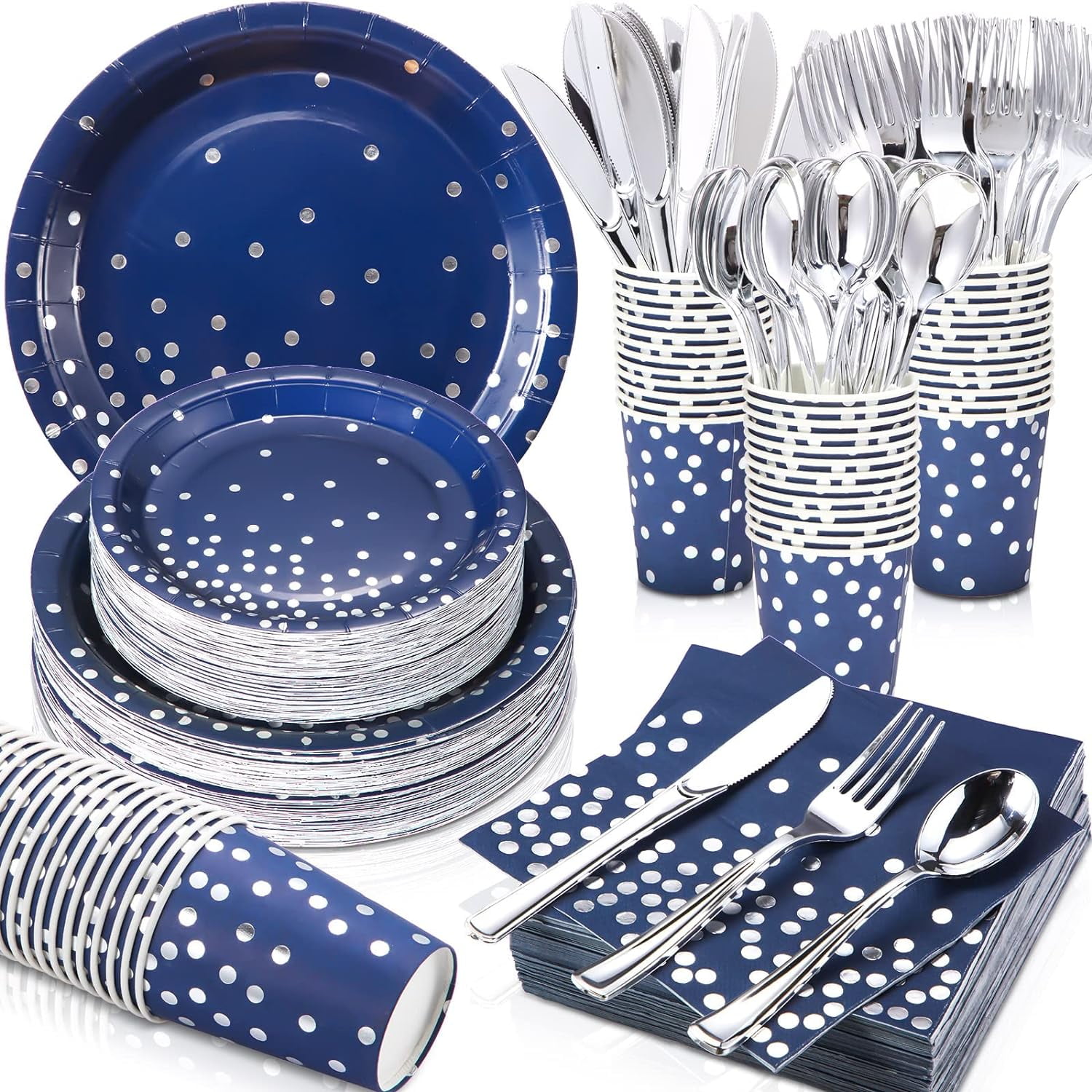 560 Pcs Navy Blue and Silver Party Supplies for 80 Guests Disposable ...