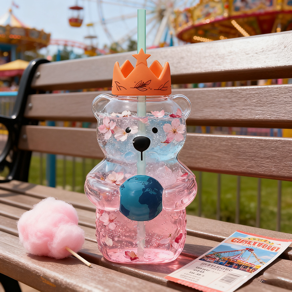 568ml Bear Glass Tumbler, Cute Bear Cup with Straw for Iced Coffee, Hot ...