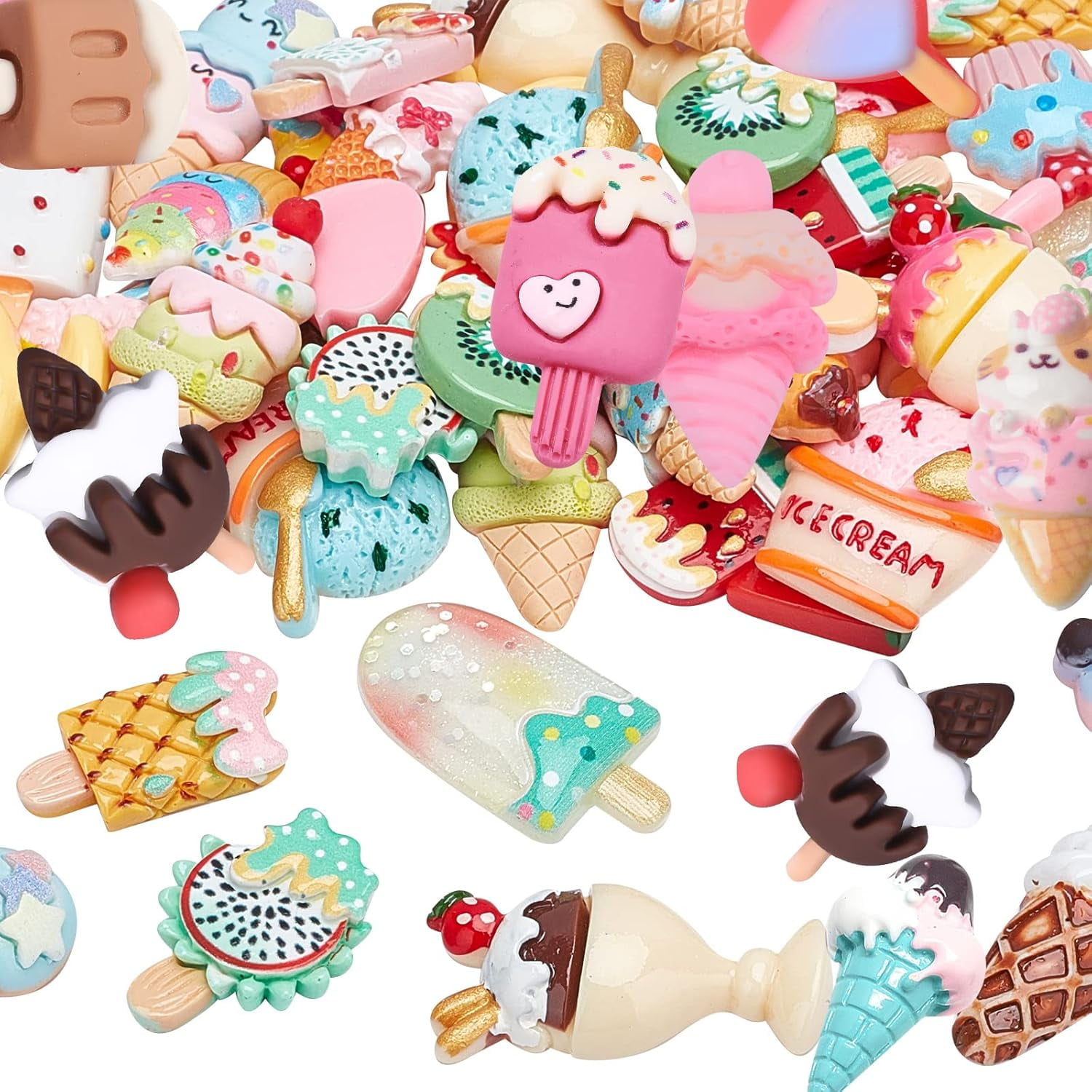 56PCS Food Theme Flatbacks Resin Slime Beads 28 Styles Ice Lolly Ice Cream Resin Charms with ...