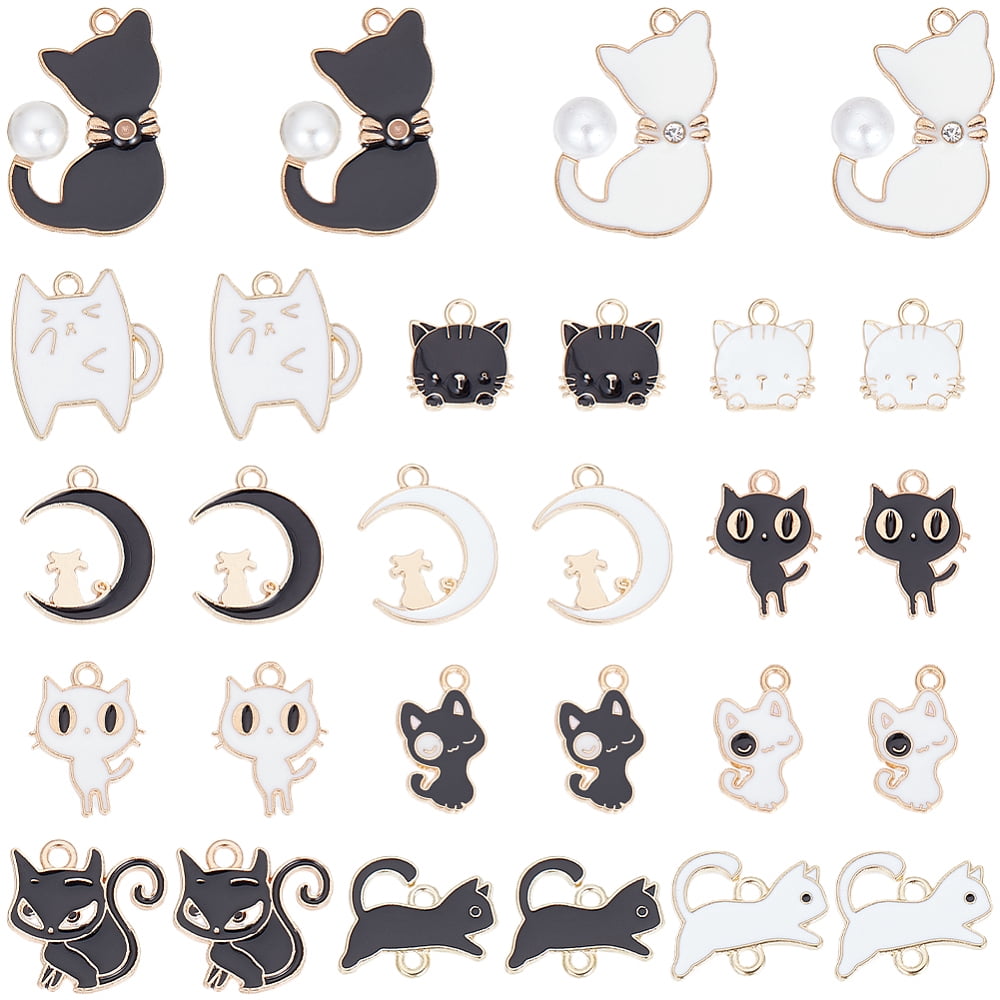 56Pcs 14 Styles Alloy Enamel Pendants Light Gold Cat Shape Charms Mixed ...