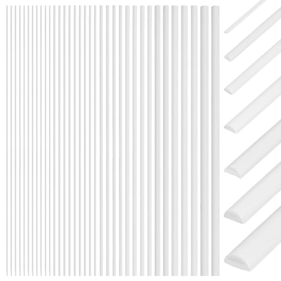 56Pcs 7 Styles Styrene Plastic Half Round Bar Rods Solid Acrylic Dowel ...