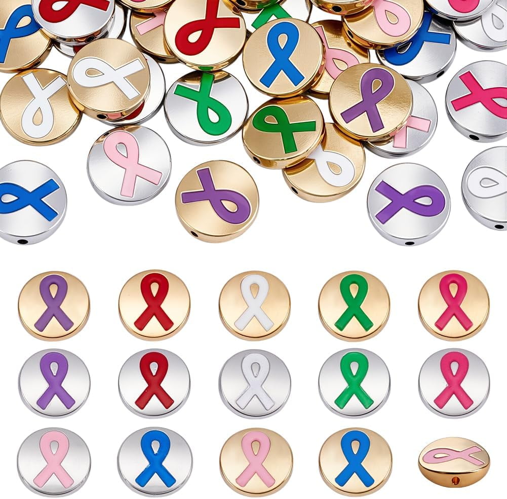 56pcs Breast Cancer Awareness Beads 14mm Flat Round Alloy Beads Enamel ...