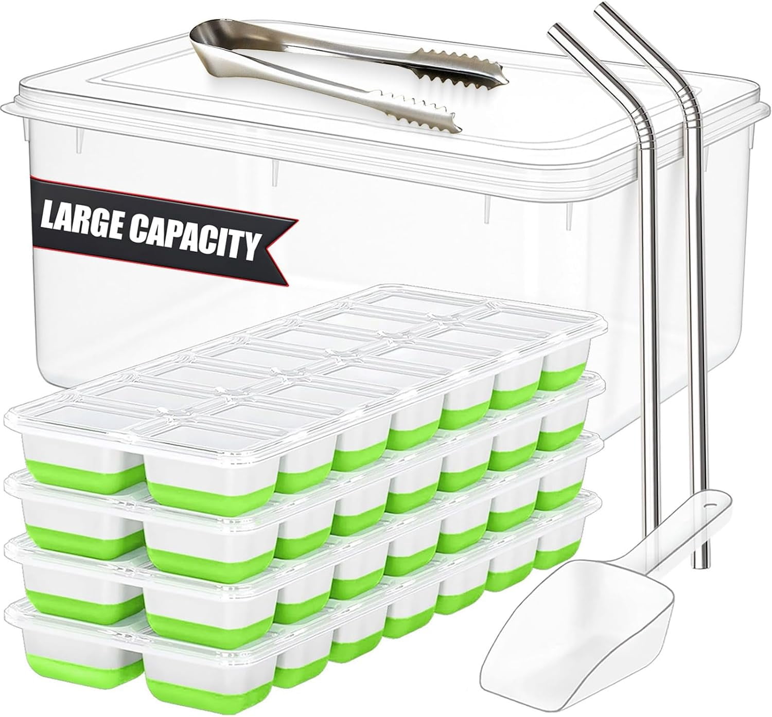 56pcs Ice Cube Tray with Lid and Bin – Stackable 4 Trays Plastic ...