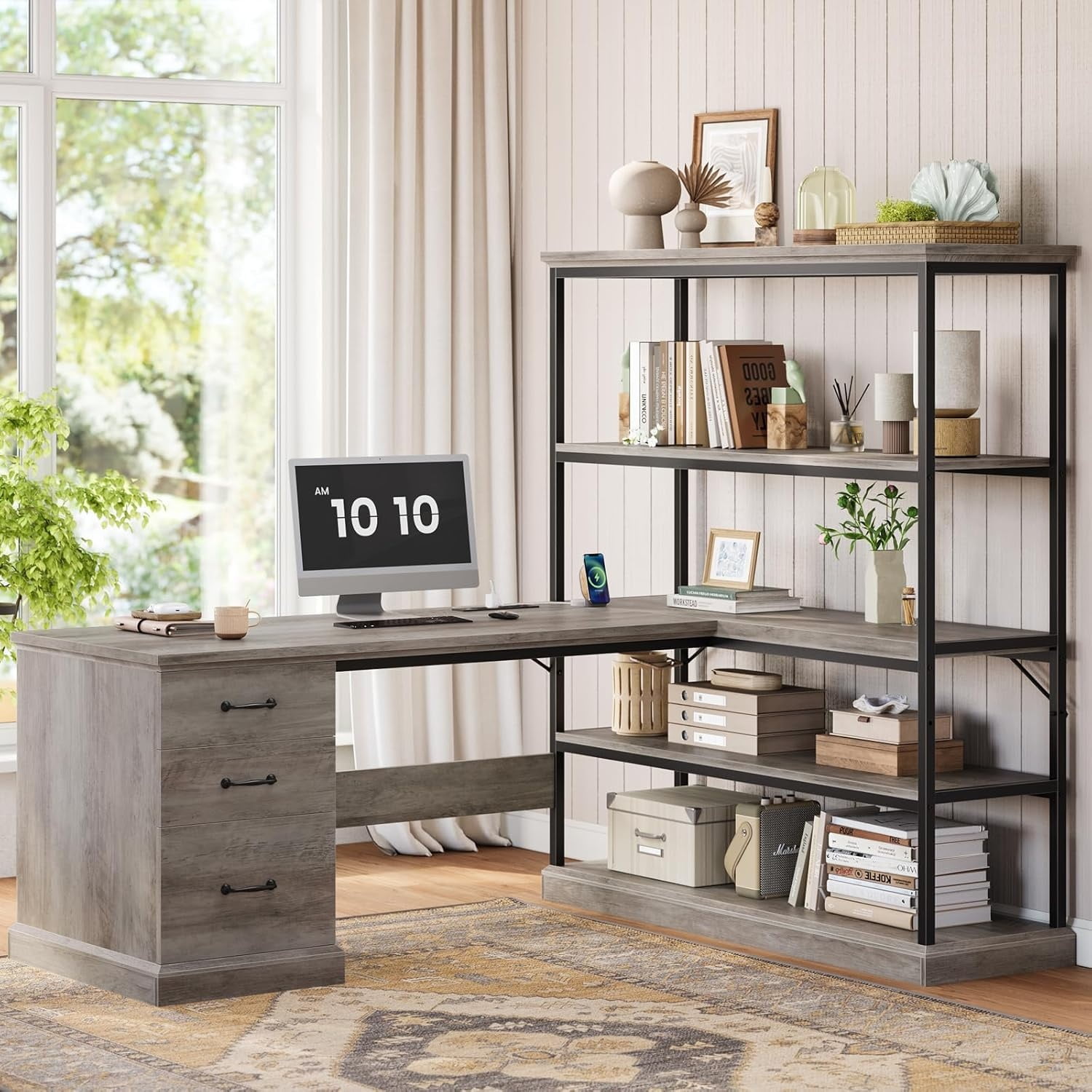 57.1 Inch L Shaped Desk with Bookshelf, Home Office Desk with 3 Drawers ...