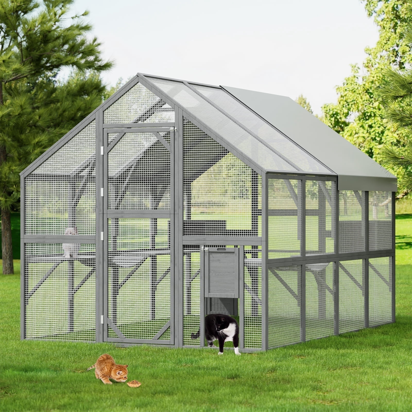 NARTRU 57.2ft² Large Wooden Outdoor Cat House, Cat Run Enclosure Walk ...