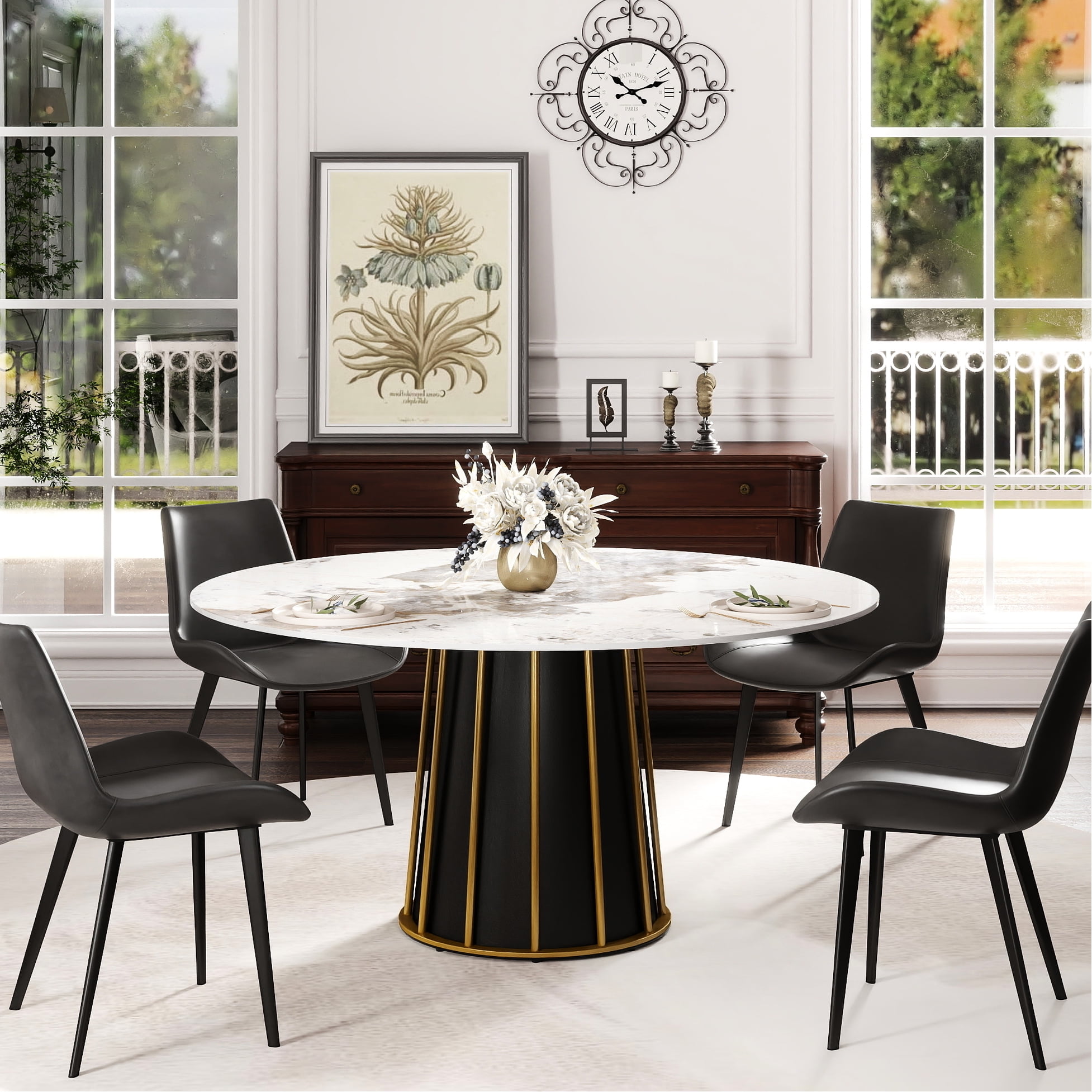 57.37" Round Dining Table With Sintered Stone Deck & Iron Support ...