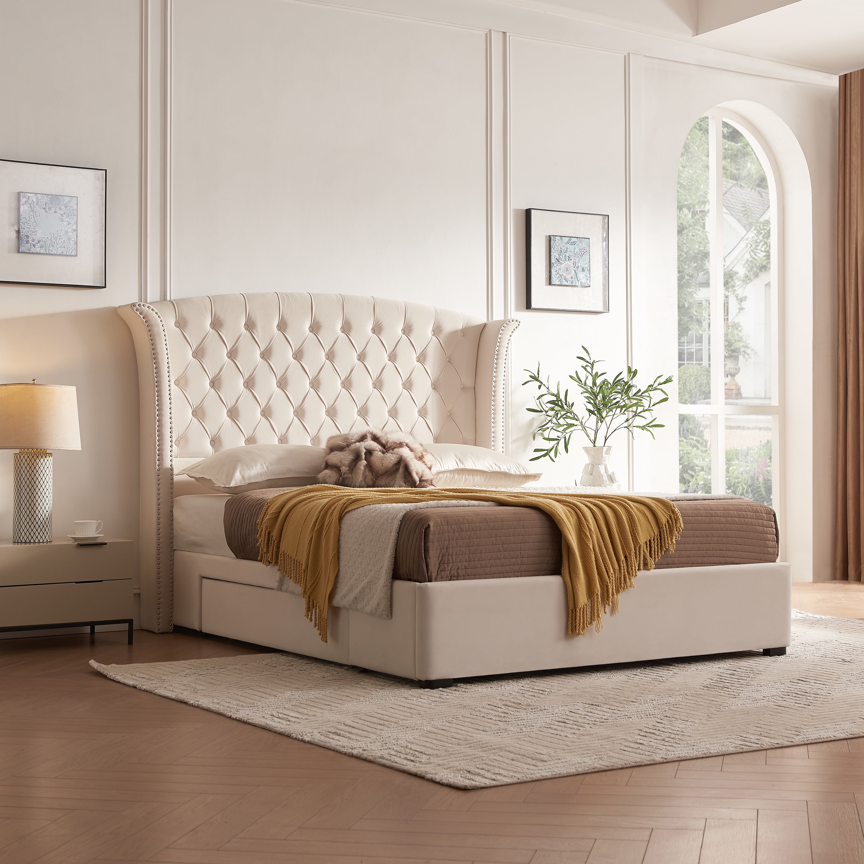 57.48" Headboard Wingback Bed Frame with Beaded Upholstered Headboard ...