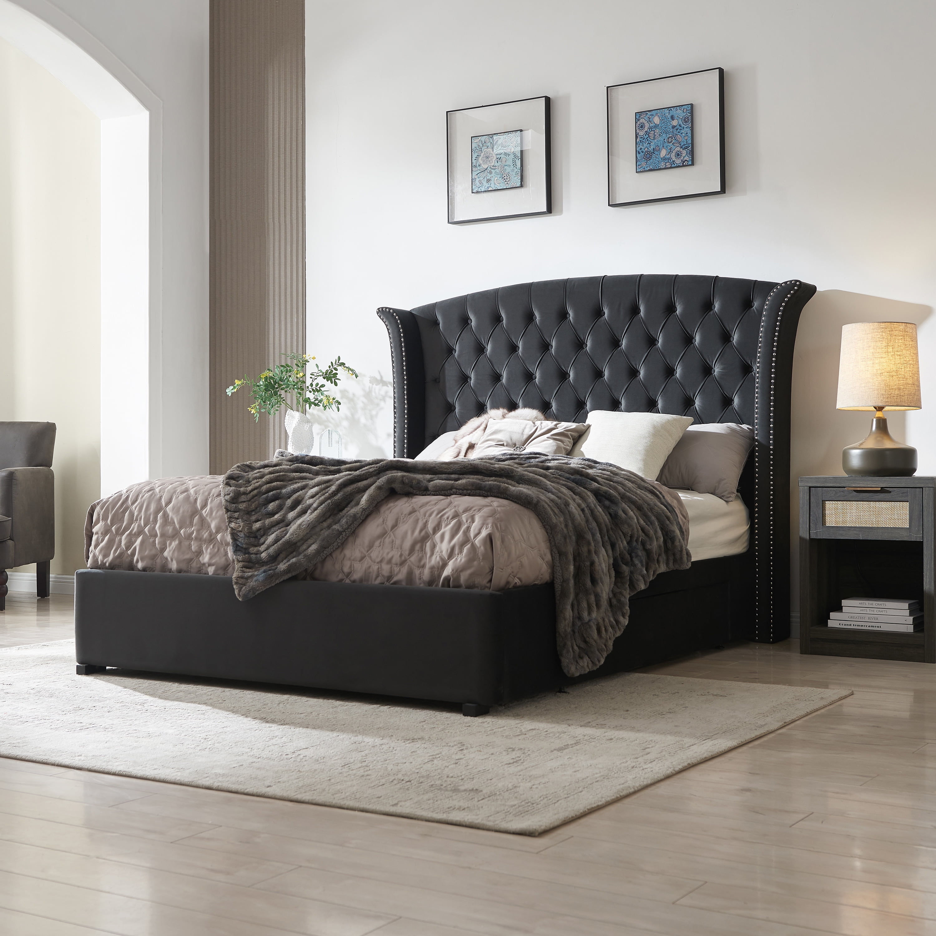 57.48" Headboard Wingback Bed Frame with Beaded Upholstered Headboard ...